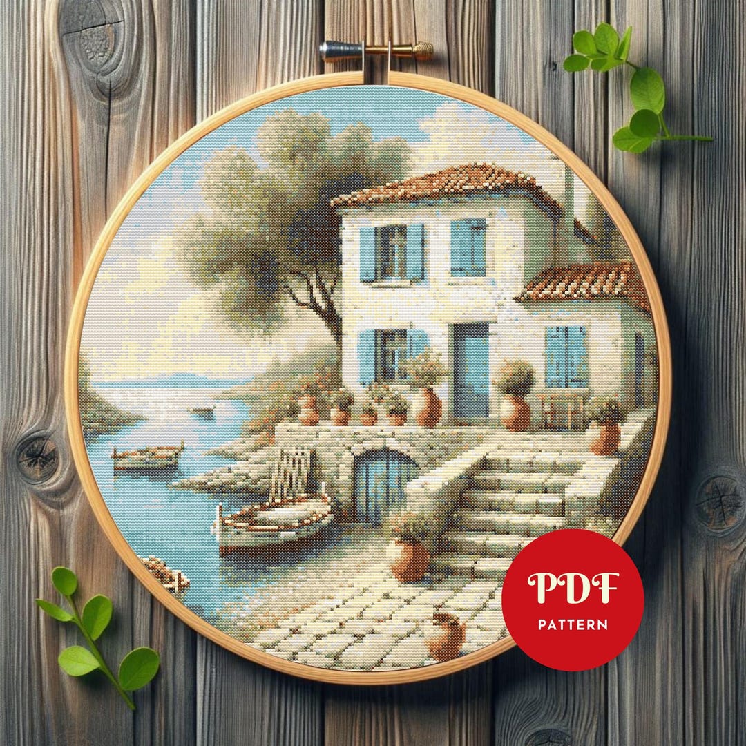 Mediterranean House Cross Stitch Pattern, Seaside Village Embroidery ...