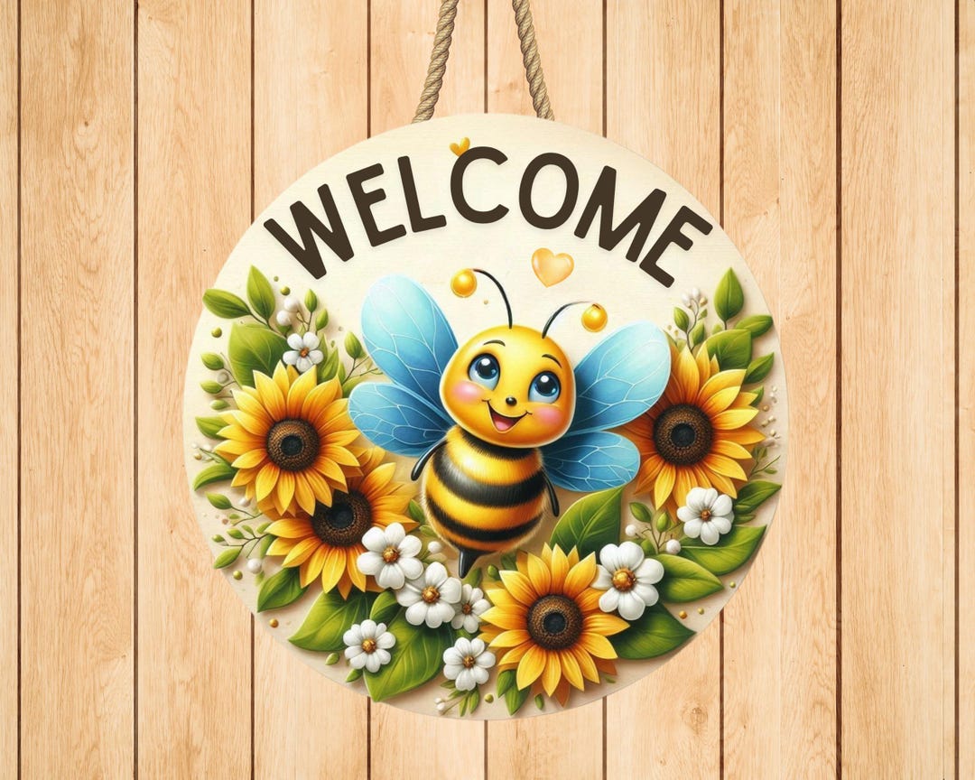Bee Welcome Sign PNG, Sublimation Design, Sunflower Round Door Hanger ...