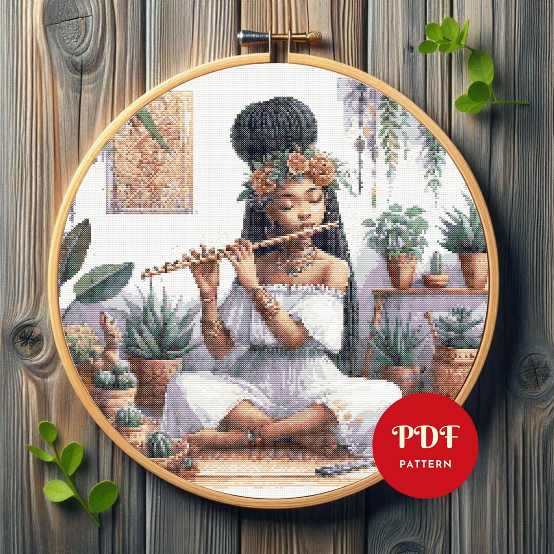 Girl Playing Flute Cross Stitch Pattern, Female Embroidery Design ...