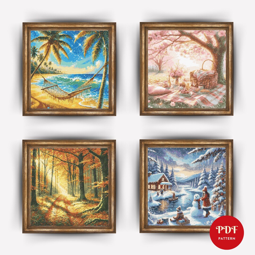 4 Seasons Cross Stitch Pattern Bundle, Spring Embroidery Stitch Pattern ...