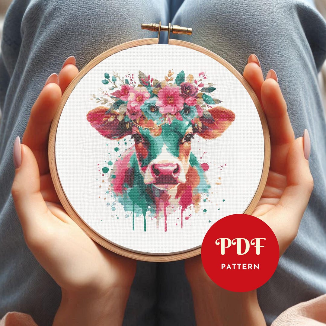 Colorful Floral Cow Cross Stitch Pattern, Farm Animal Embroidery Design ...