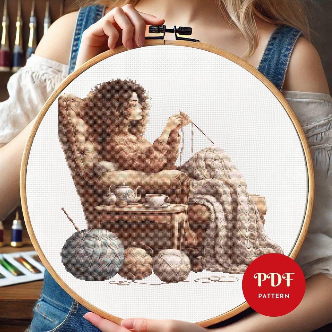 Knitting Woman Cross Stitch Pattern PDF, Girl Knitting Design (pattern ...