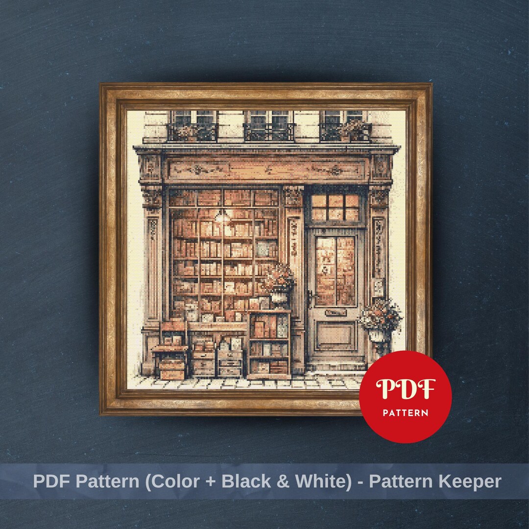 Vintage Bookstore Cross Stitch Pattern, Cozy Library Embroidery Design, Bookshop Needlepoint ...