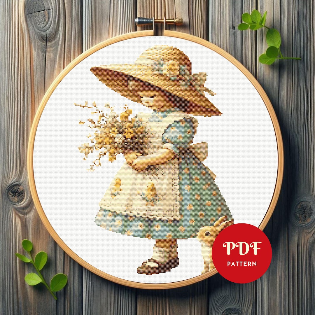 Vintage Girl With Flowers Cross Stitch Pattern,little Girl Embroidery ...