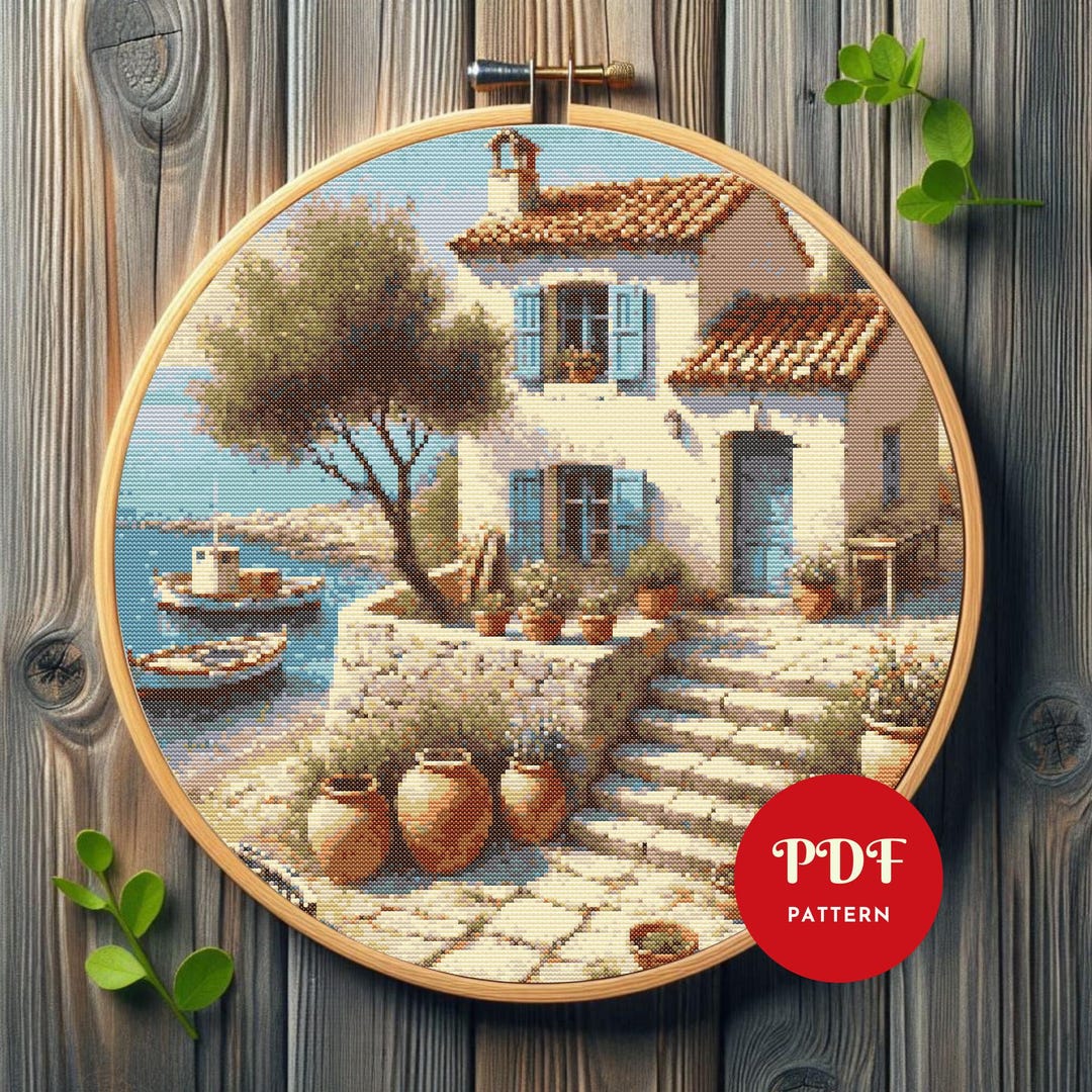 Mediterranean House Cross Stitch Pattern, Seaside Embroidery Design ...