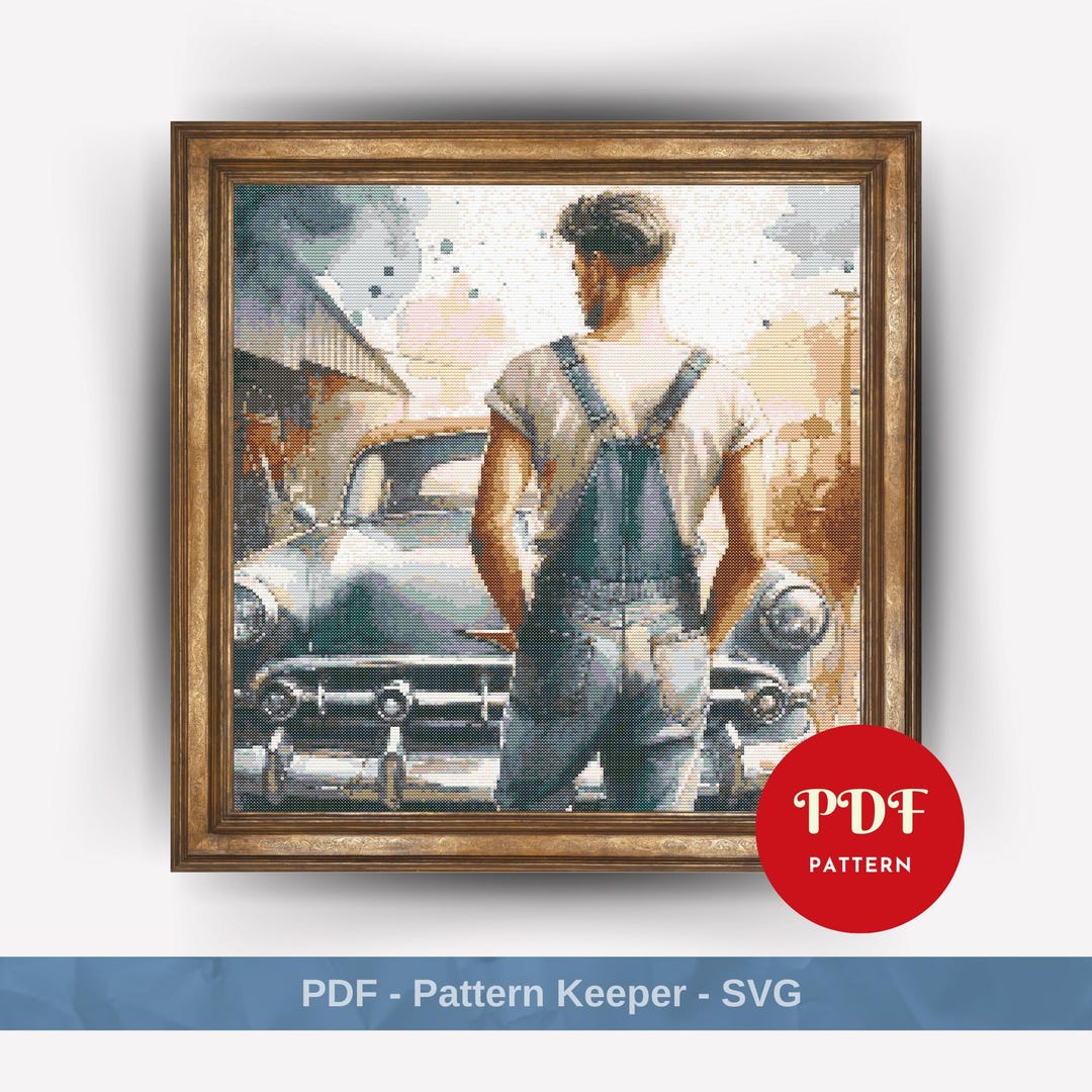 Vintage Mechanic Cross Stitch Pattern, Retro Car Garage Embroidery ...