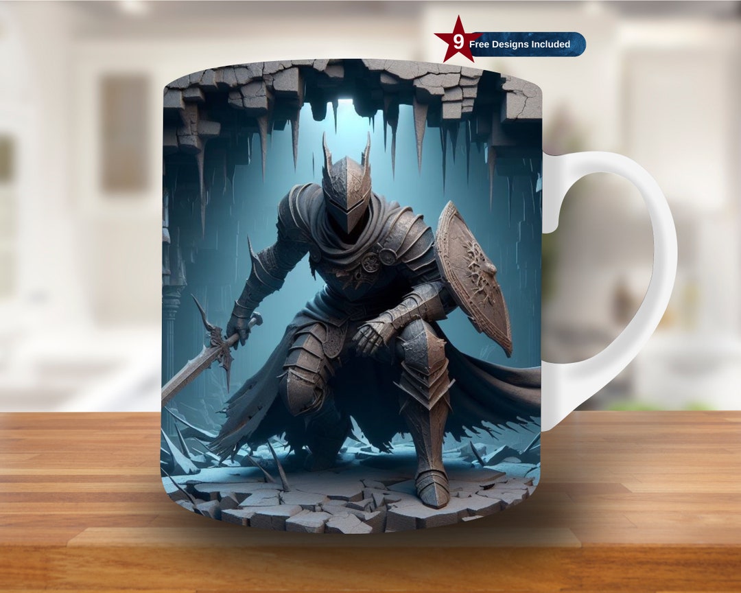 3D Medieval Knight Hole in a Wall Mug Wrap, 11oz & 15oz Mug Template ...