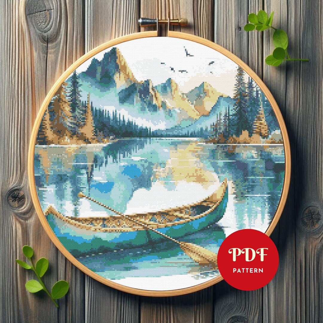 Lake and Canoe Landscape Cross Cross Stitch Pattern, River Embroidery ...