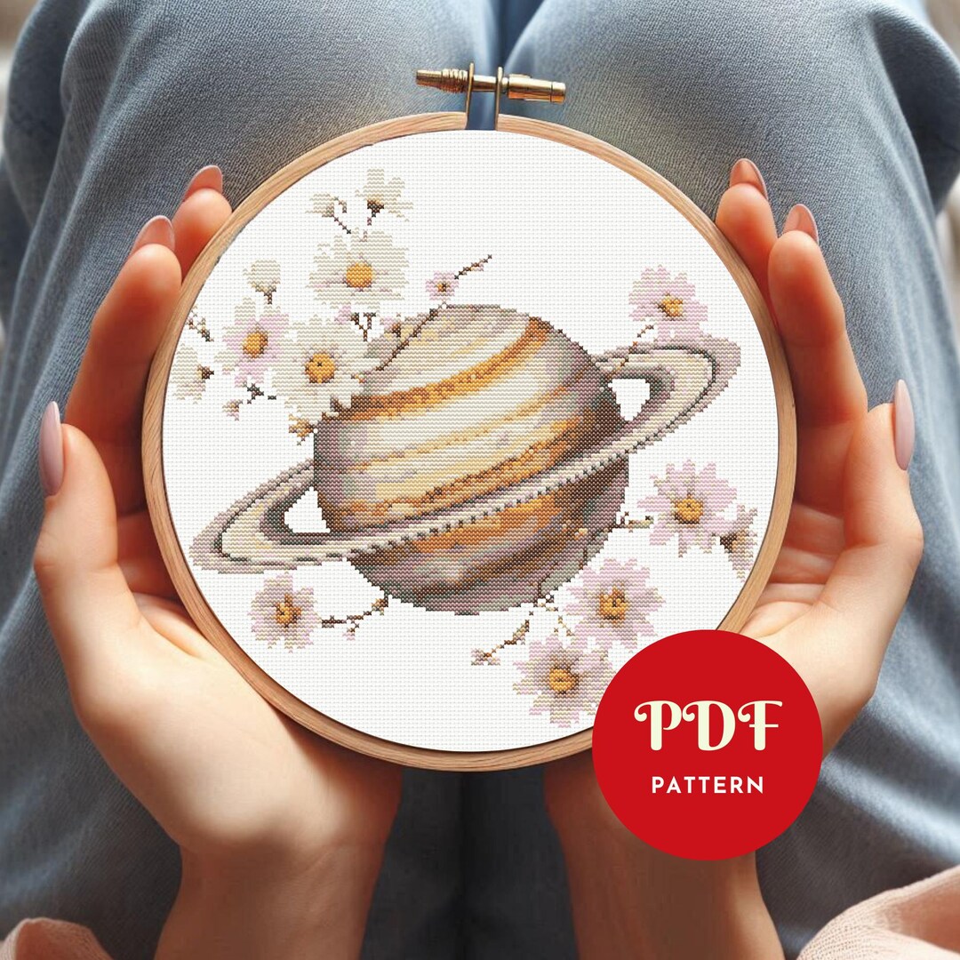 Saturn Flowers Cross Stitch Pattern, Planet Embroidery Design, Space ...