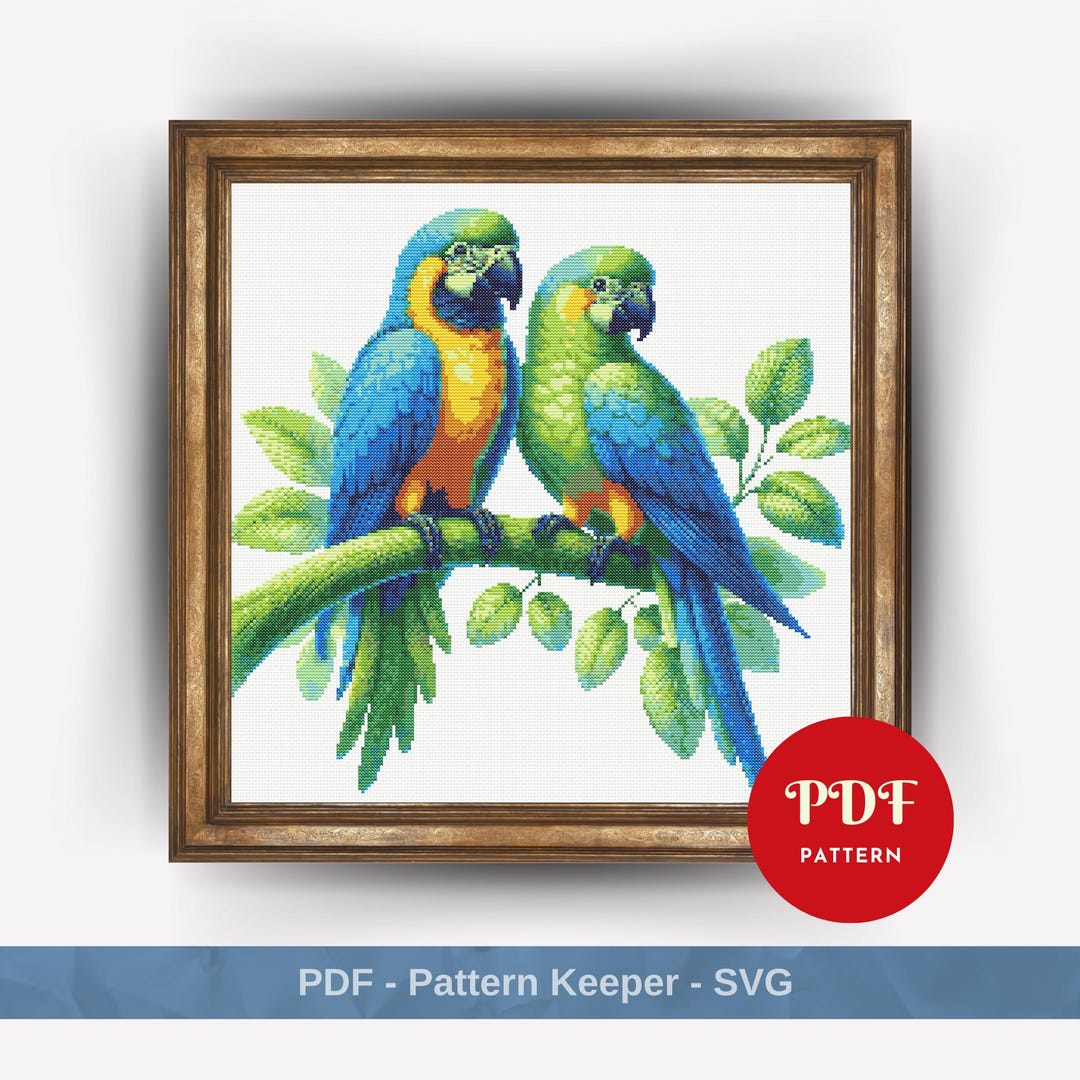 Parrots on Branch Cross Stitch Pattern, Bird Embroidery Pattern, Parrot ...