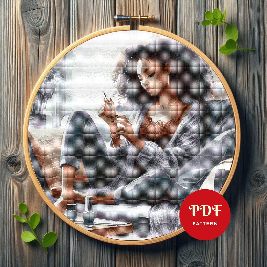 Girl Making Nail Art Cross Stitch Pattern, Female Embroidery Design ...