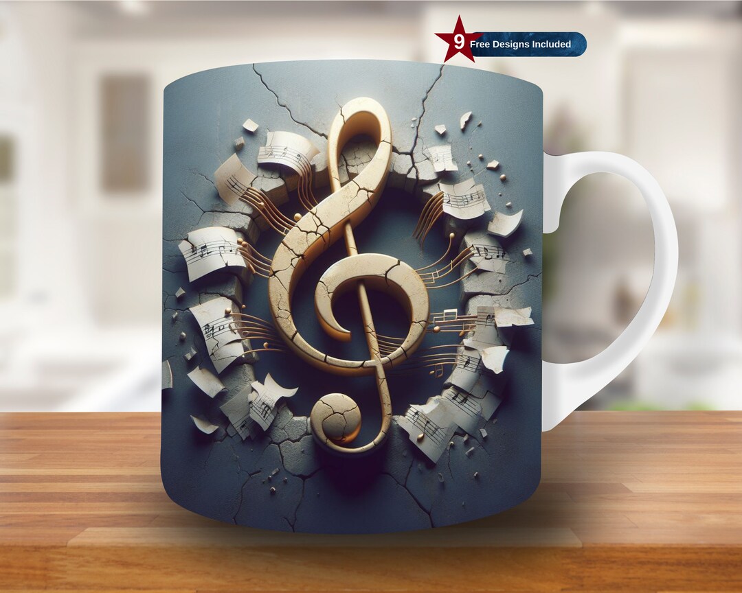 3D Treble Clef and Music Notes Mug Wrap, 11oz & 15oz Mug Template, Mug ...