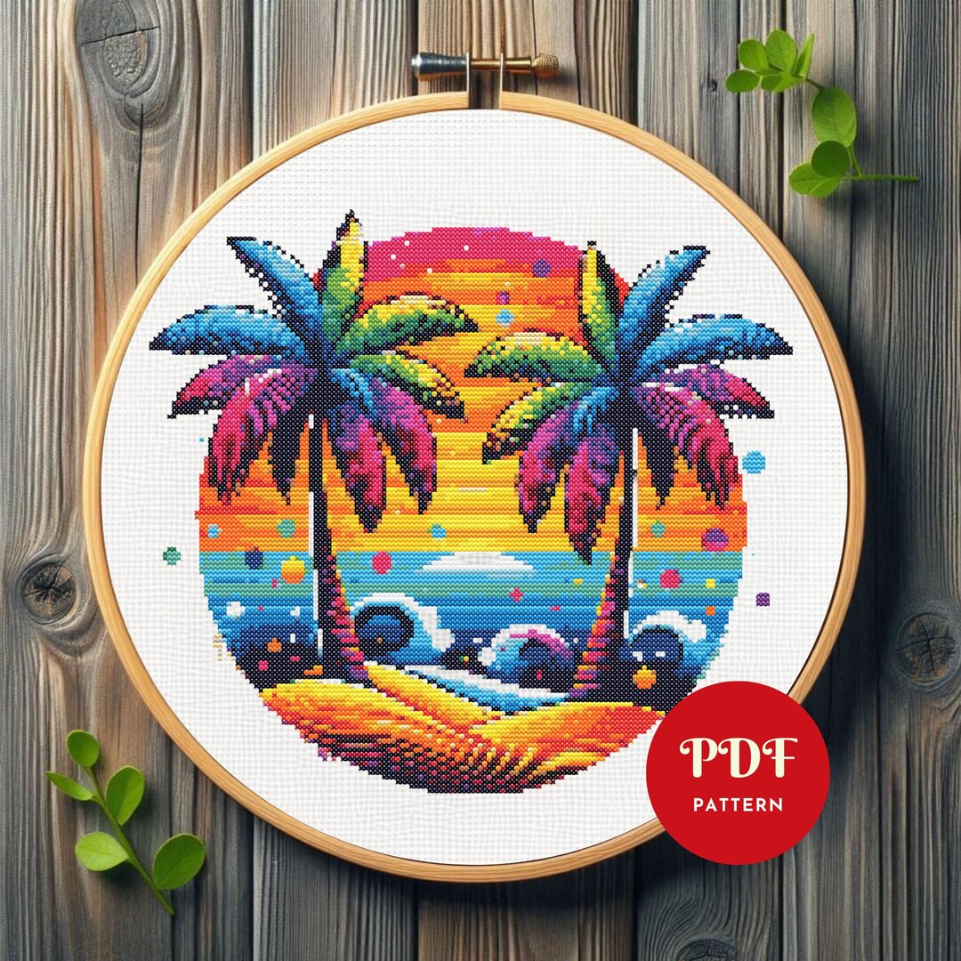 Summer Beach Cross Stitch Pattern, Colorful Embroidery Pattern, Palm ...