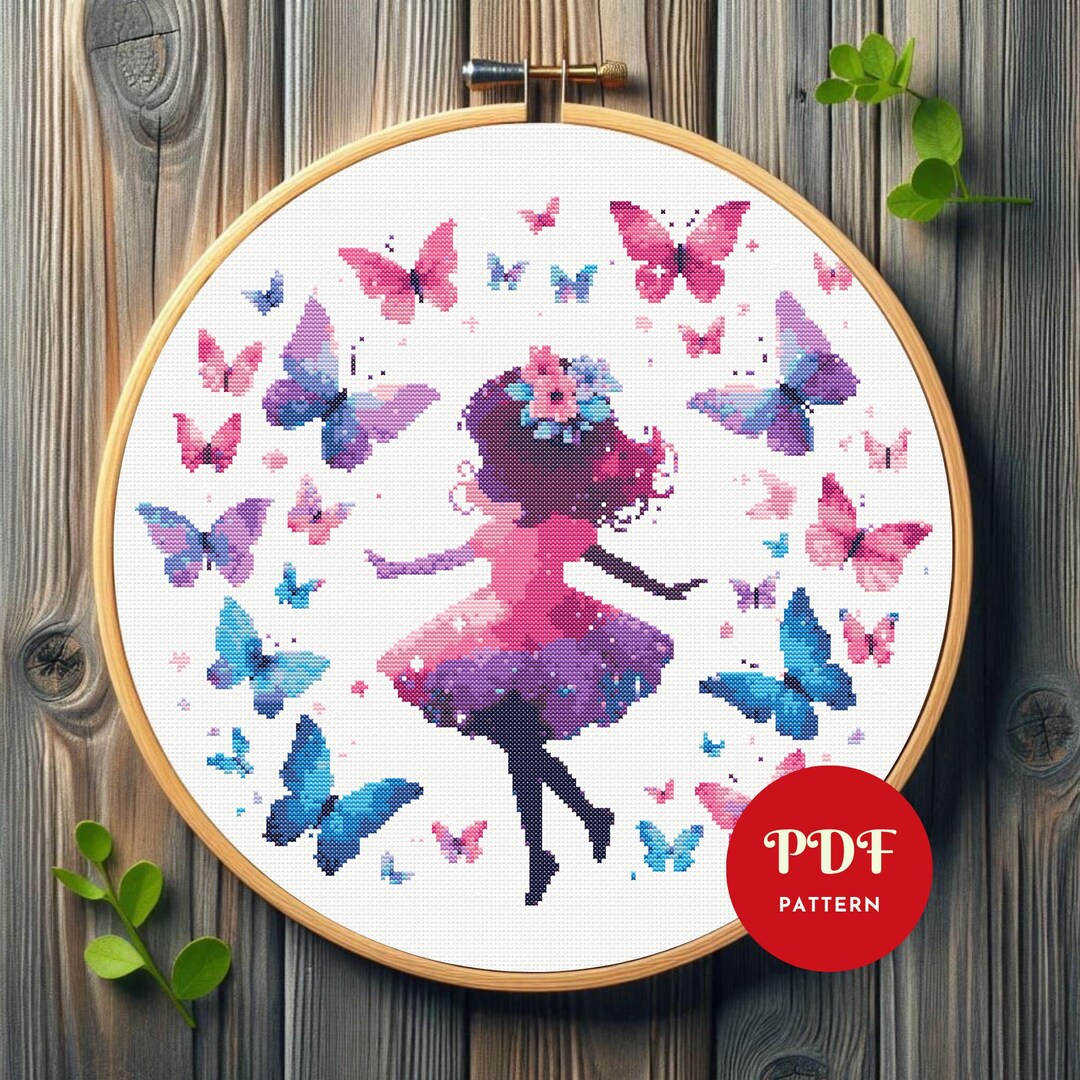 Cute Girl Dancing Cross Stitch Pattern, Magical Butterfly Embroidery ...