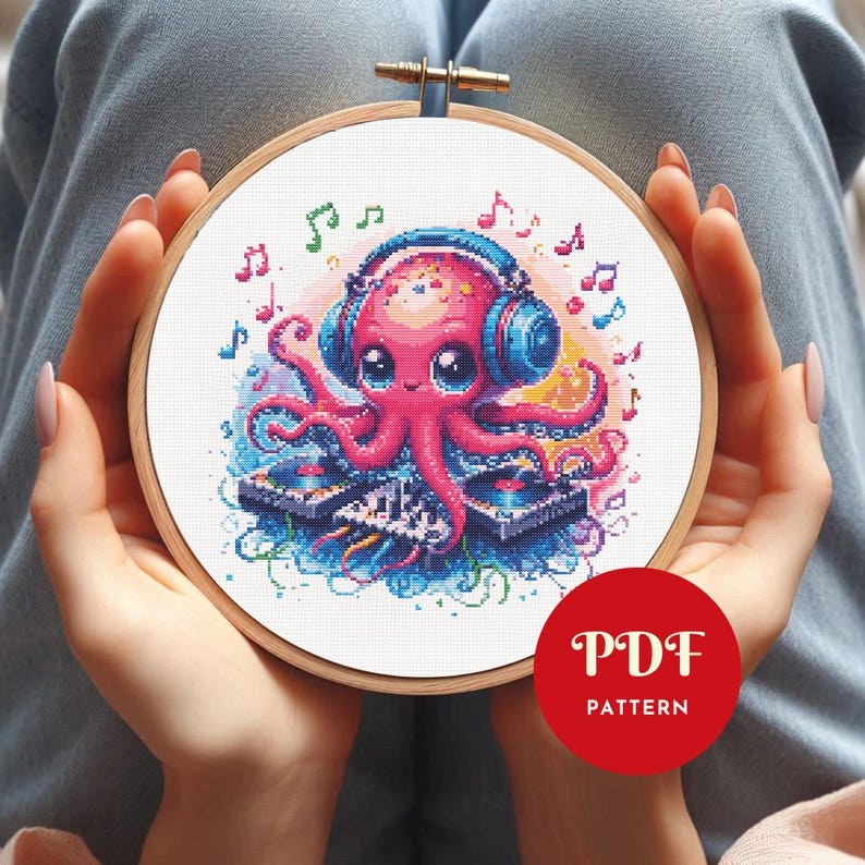 DJ Octopus Cross Stitch Pattern, Sea Animal Embroidery Design, Music ...