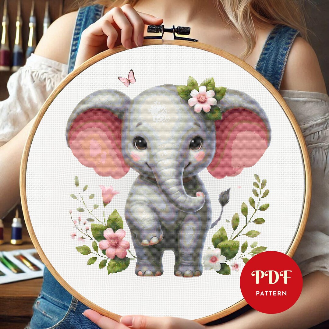 Cute Elephant Cross Stitch Pattern, Floral Embroidery Stitch Pattern ...