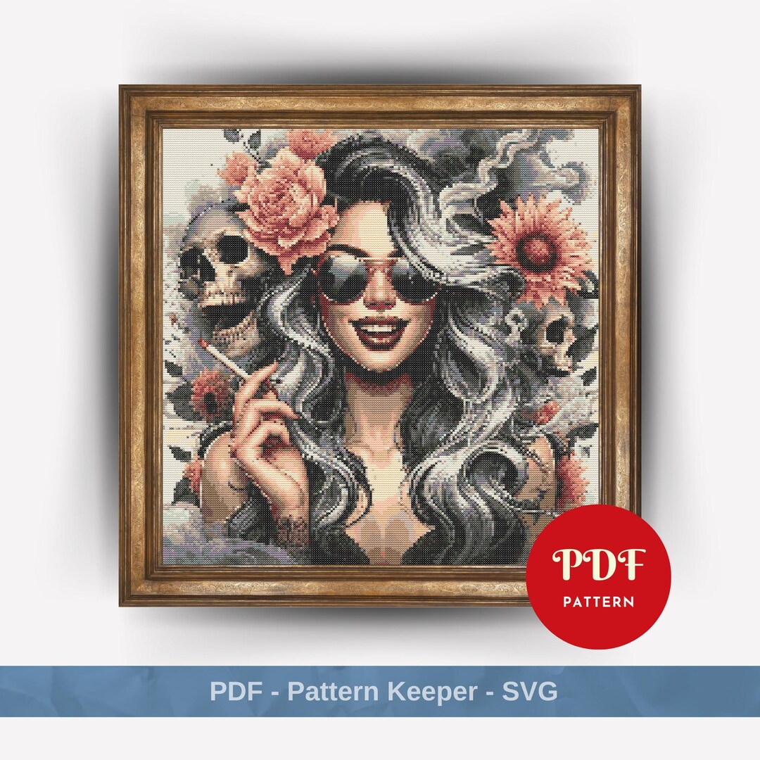Dark Aesthetic Girl Cross Stitch Pattern, Gothic Woman Embroidery Design, Skull & Flowers ...