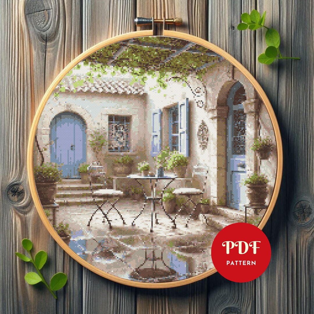Mediterranean Courtyard Cross Stitch Pattern, Cozy Patio Embroidery ...
