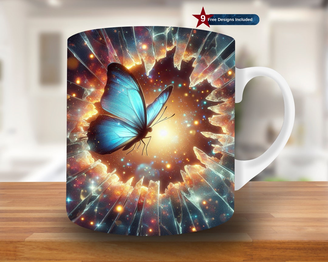 3D Blue Neon Butterfly Hole in A Wall Mug Wrap, 11oz & 15oz Mug Design ...