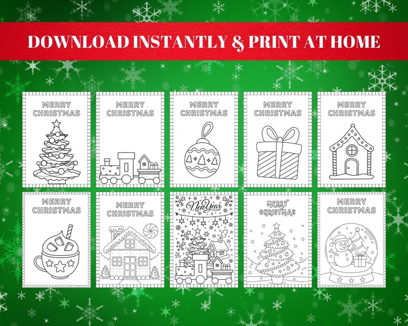 Christmas Coloring Card Bundle 28 HAND-DRAWN DESIGNS Printable Holiday ...