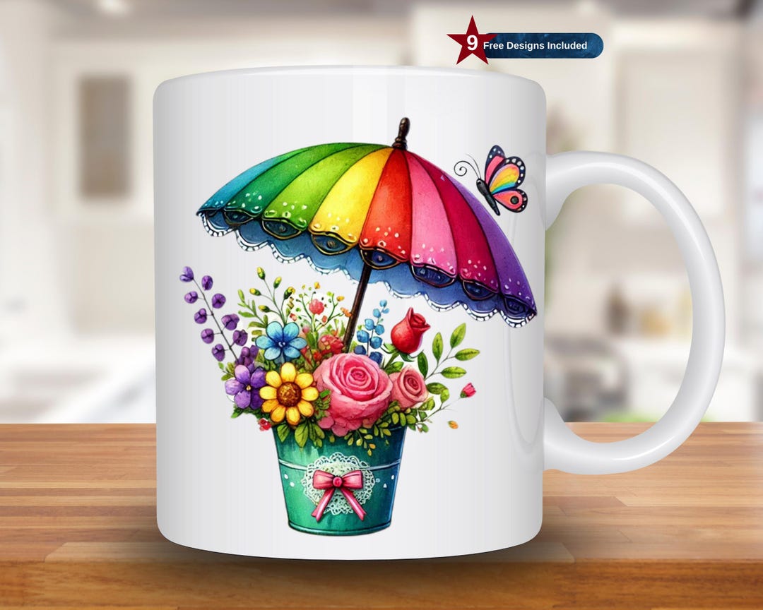 Flower Bucket and Colorful Umbrella Mug Wrap, 11oz & 15oz Mug Template ...