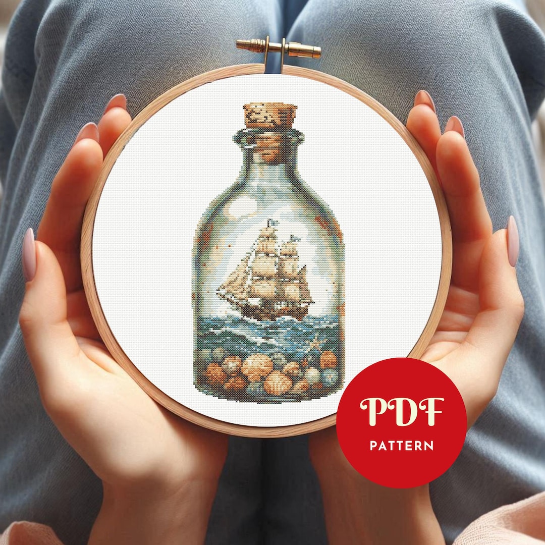 Ship in a Bottle Cross Stitch Pattern, Nautical Embroidery Design ...