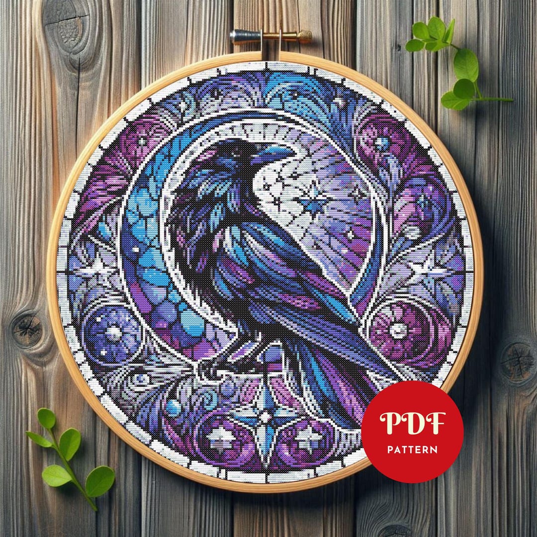 Raven Cross Stitch Pattern, Mystic Embroidery Design, Moon Needlepoint ...