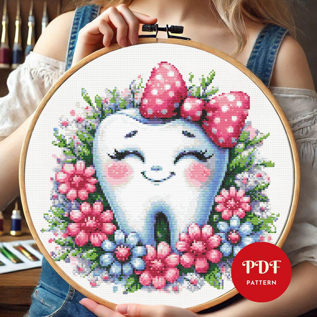 Cute Teeth Cross Stitch Pattern, Dentist Embroidery Stitch Pattern ...