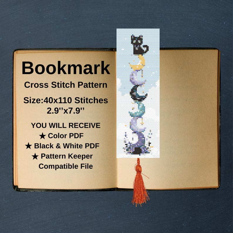 Black Cat Moon Bookmark Cross Stitch Pattern PDF, Celestial (pattern ...