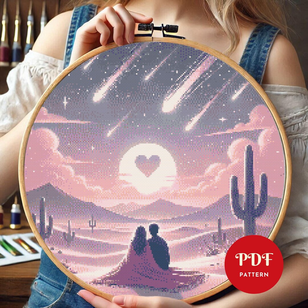 Couple Desert Night Cross Stitch Pattern, Romantic Embroidery Design ...