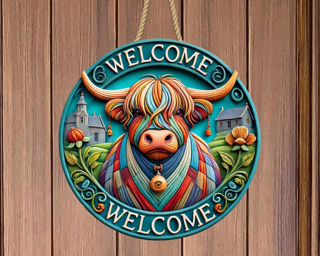 3D Highland Cow Welcome Sign Round Door Hanger Design, Farm Animal ...