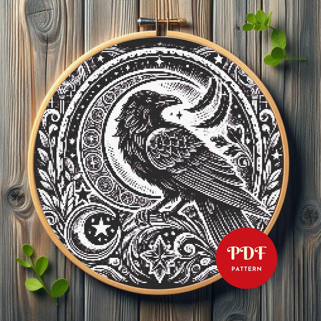 Gothic Raven Cross Stitch Pattern, Mystical Bird Embroidery Design ...