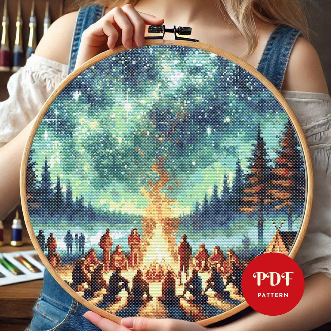 Starry Night Campfire Cross Stitch Pattern, Cozy Bonfire Embroidery ...