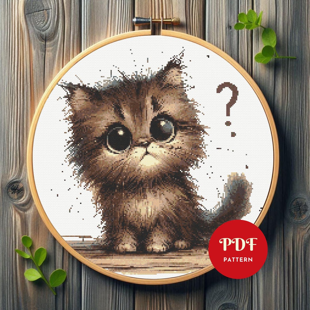 Confused Cat Cross Stitch Pattern, Pet Embroidery Design, Cute Kitten ...