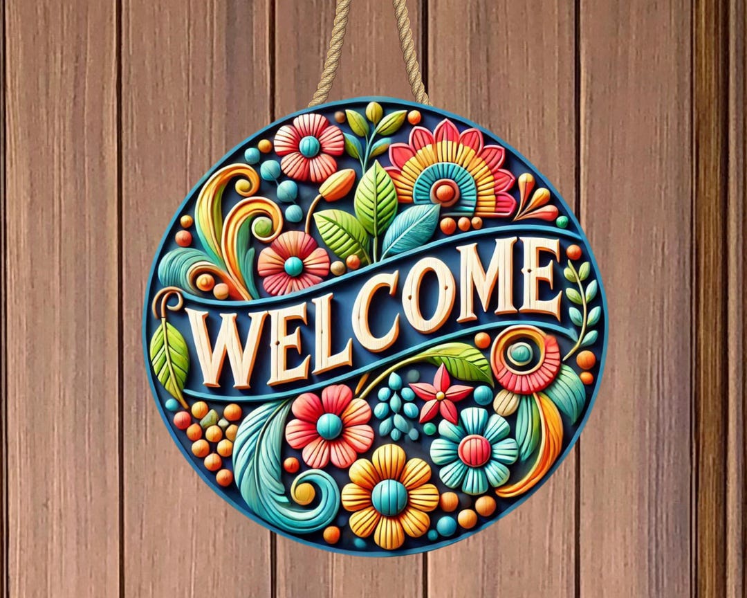 3D Floral Welcome Sign Round Door Hanger Design, Flower Round ...