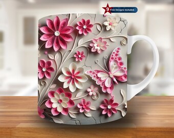 3D Paper Quilling Pink Butterflies, 11oz and 15oz Mug Template, Mug ...