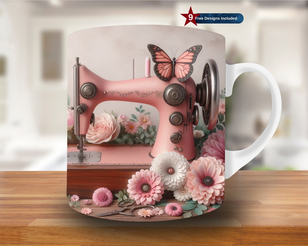 Vintage Sewing Machine Mug Wrap, Pink Floral Design (PNG Digital ...