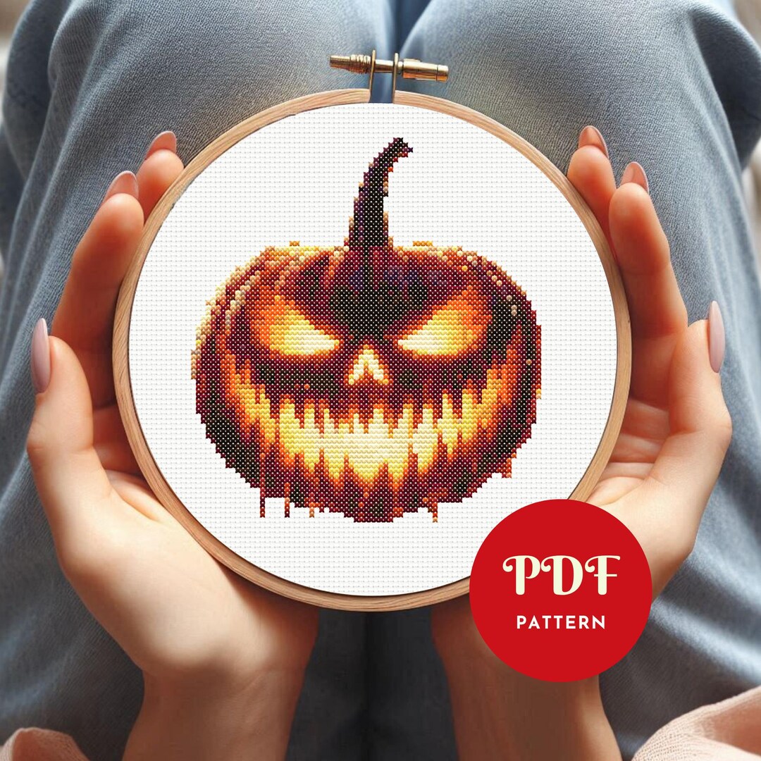Scary Pumpkin Cross Stitch Pattern, Glowing Lantern Embroidery Design ...