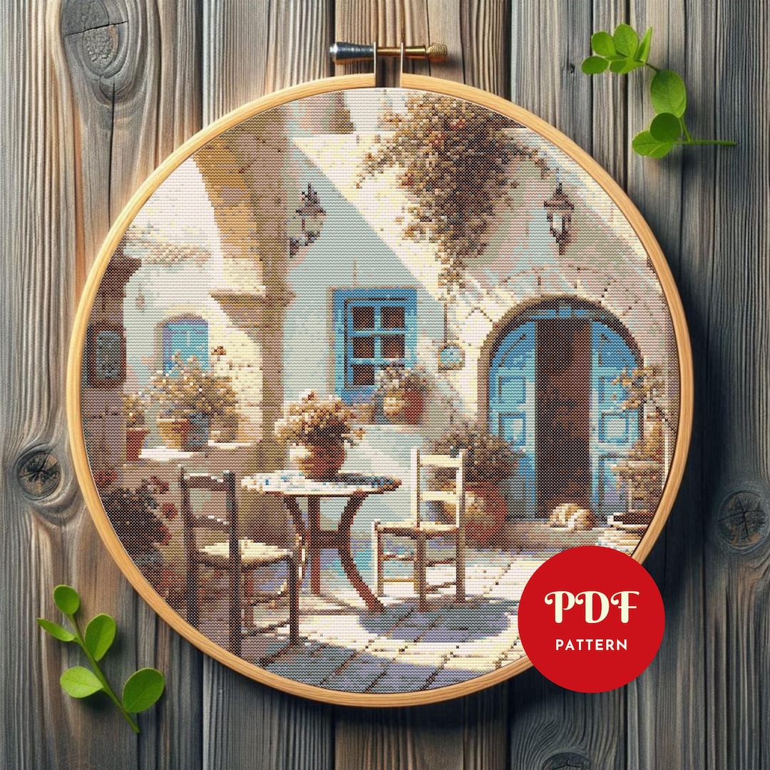 Mediterranean Courtyard Cross Stitch Pattern, Patio Embroidery Design ...