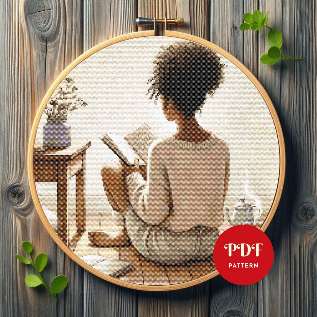 Girl Reading Cross Stitch Pattern, Cozy Home Embroidery Design,woman ...