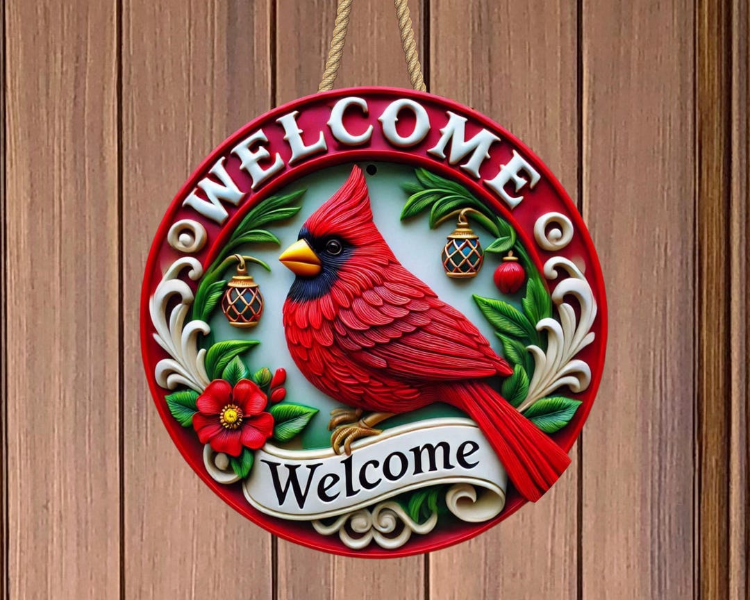 3D Cardinal Bird Welcome Sign Round Door Hanger Design, Bird Round ...