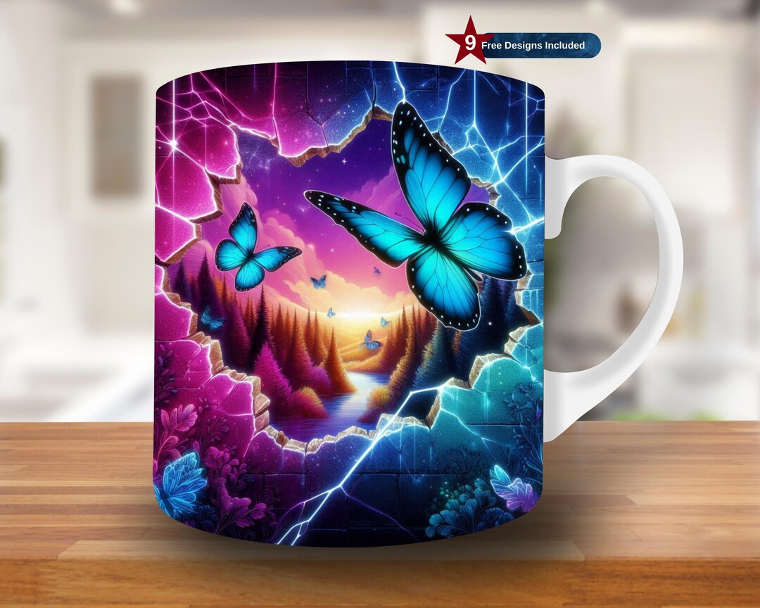 3D Neon Blue Butterfly Hole in A Wall Mug Wrap, 11oz & 15oz Mug Design ...