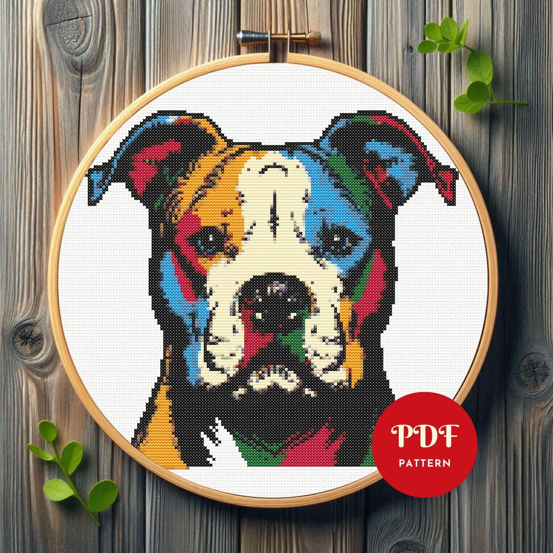 Colorful Bulldog Cross Stitch Pattern, Dog Embroidery Design, Animal ...