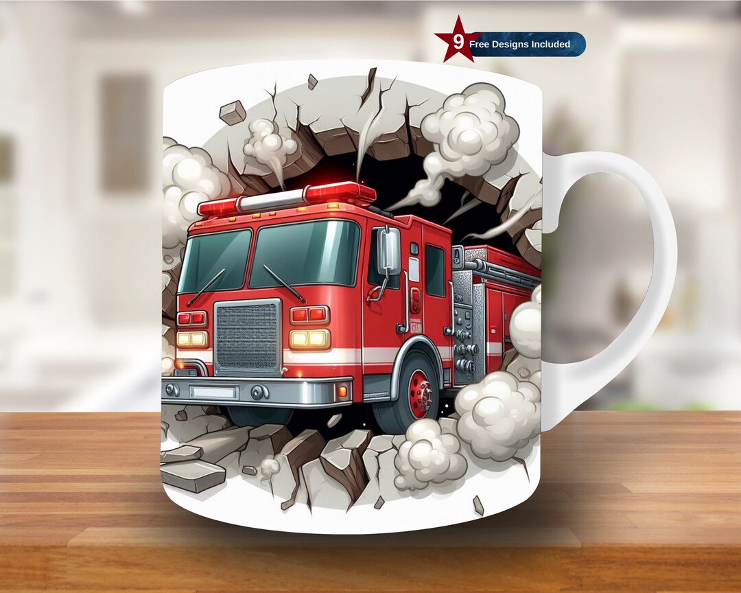 3D Fire Truck Hole in a Wall Mug Wrap, 11oz & 15oz Mug Template,fireman ...