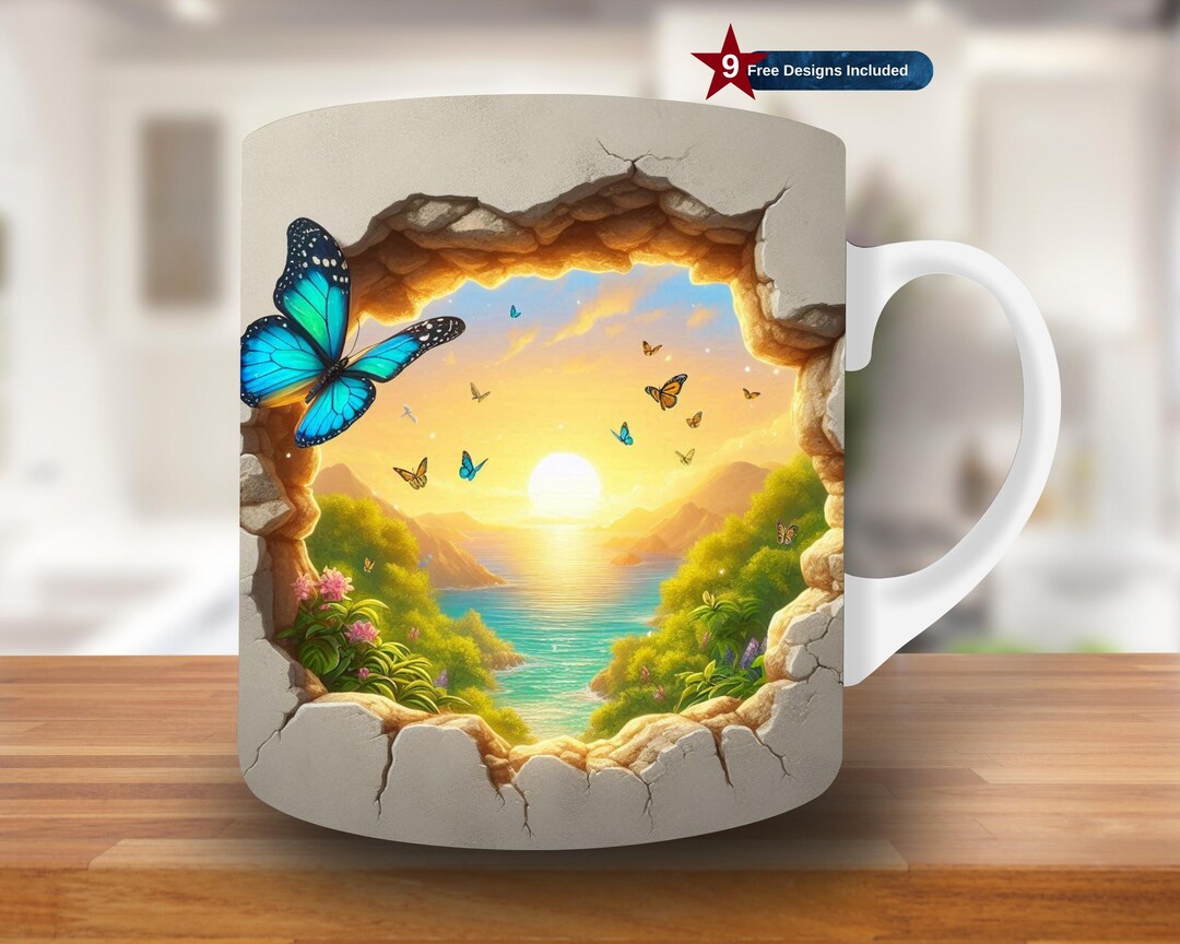 3D Cute Blue Butterfly Hole in A Wall Mug Wrap, 11oz & 15oz Mug Design ...