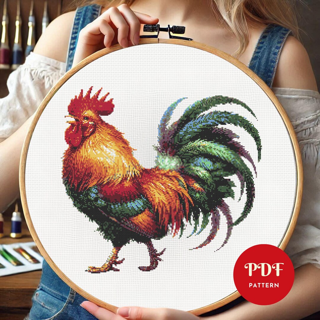 3D Colorful Rooster Cross Stitch Pattern, Farm Animal Embroidery Stitch ...