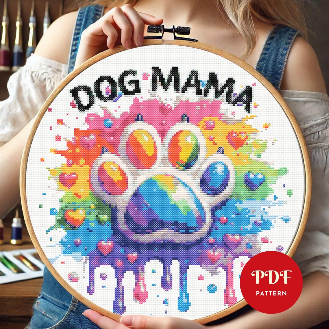 Dog Mama Cross Stitch Pattern, Colorful Paw Embroidery Pattern, Animal ...