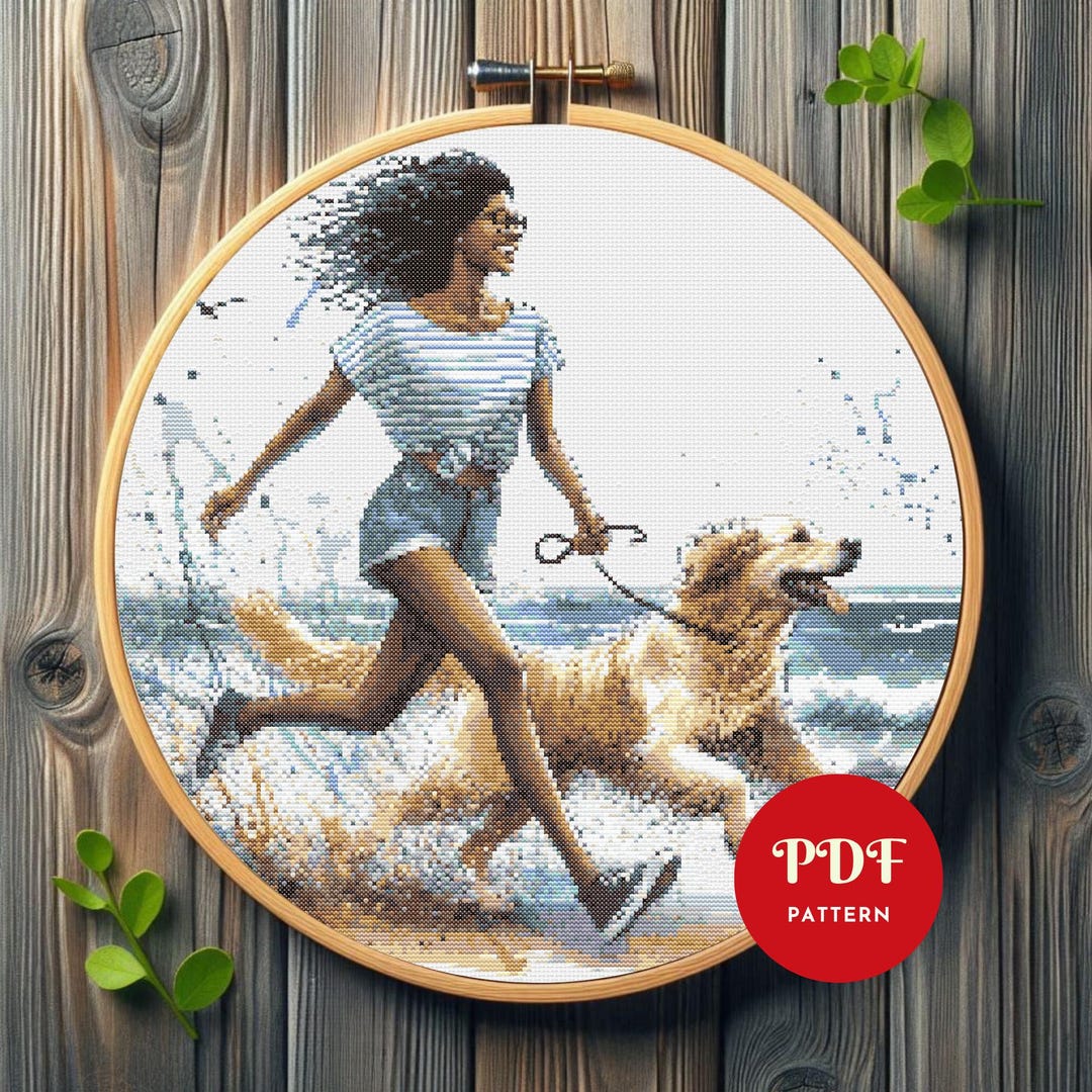 Girl Running With Dog Cross Stitch Pattern, Beach Embroidery Design ...
