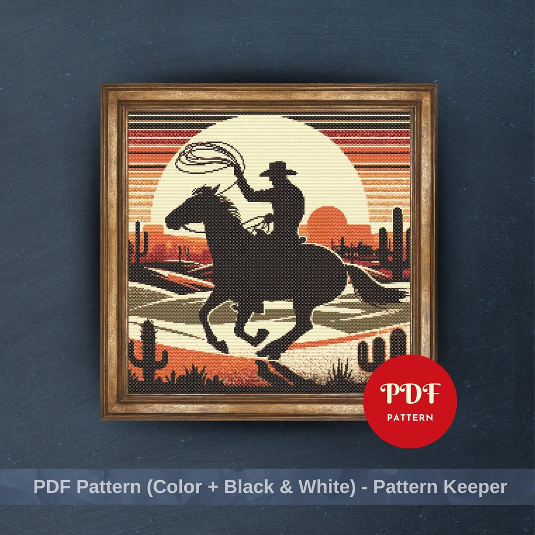Cowboy Cross Stitch Pattern, Western Sunset Horse Rider Embroidery ...