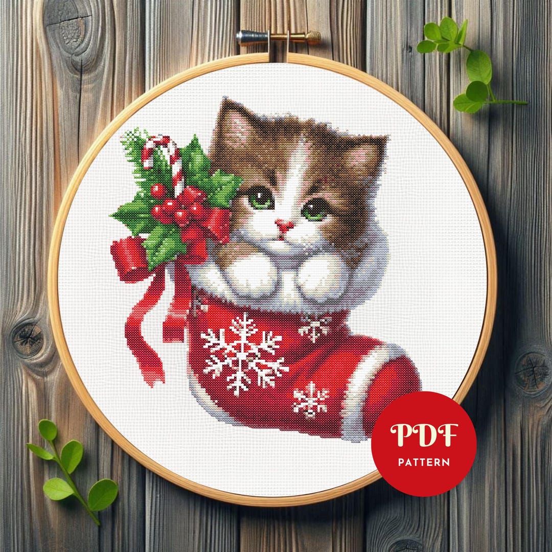 Christmas Cat Cross Stitch Pattern, Stocking Embroidery Design, Holiday ...